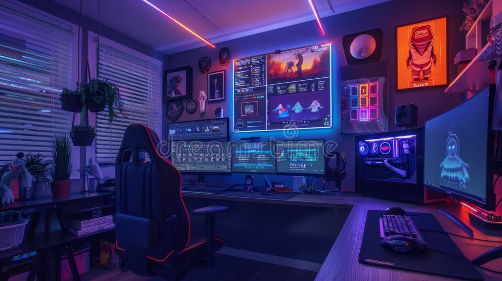 Modern Gaming Setup with Neon Lights Stock Image - Image of lifestyle, setup: 325454545