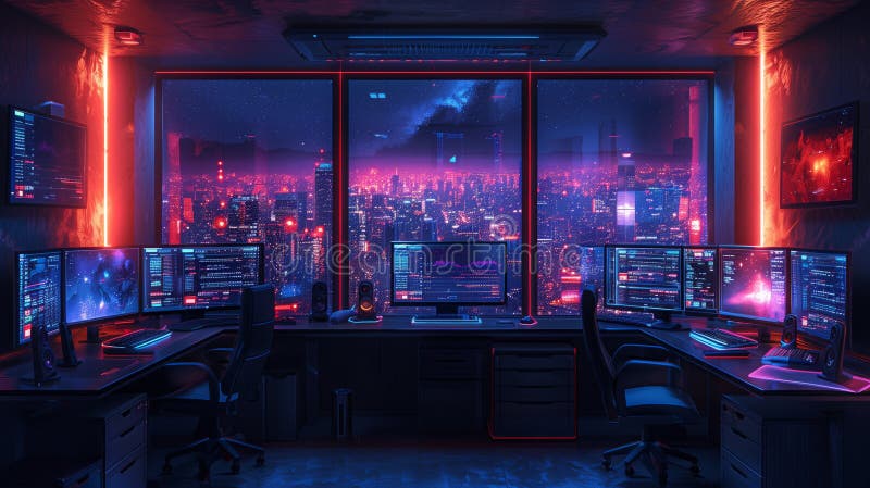 Modern Gaming Setup with Night City Skyline View Stock Image - Image of ...