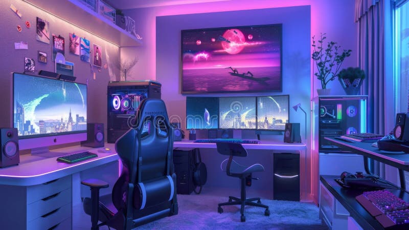 Modern Gaming Setup with Purple Lighting Stock Photo - Image of ...