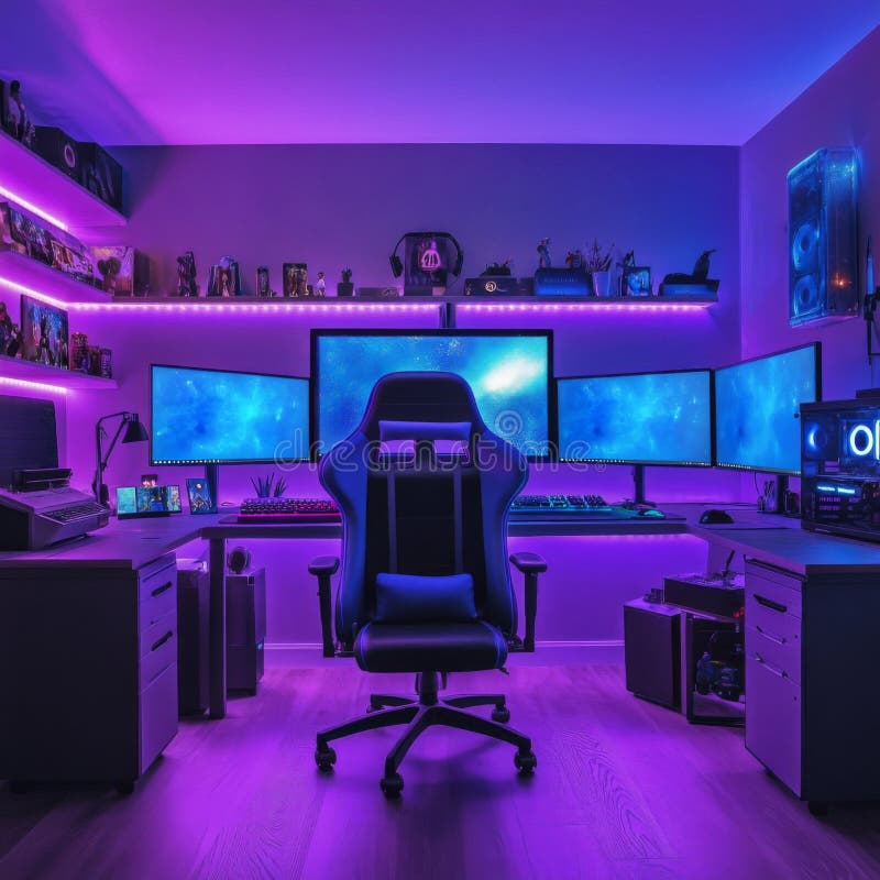 Modern Gaming Setup with Purple Lighting and Multiple Monitors Stock Illustration - Illustration ...