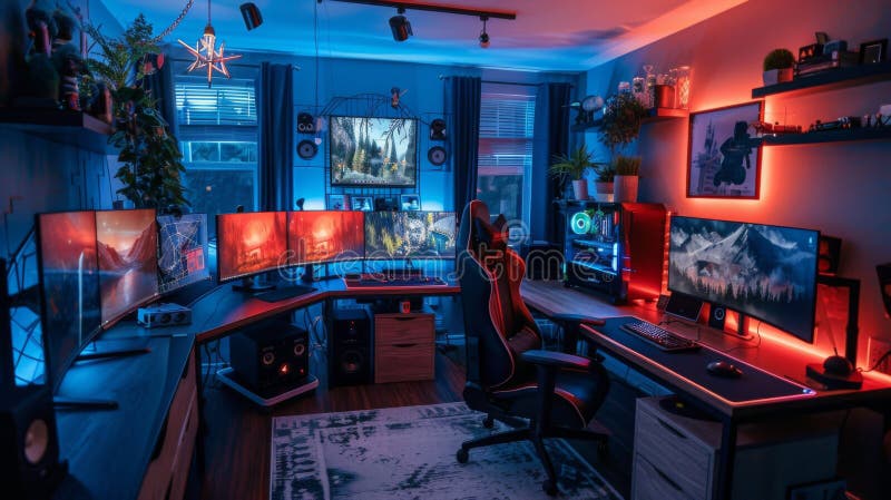 Modern Gaming Setup with Red and Blue Lighting Stock Image - Image of ...