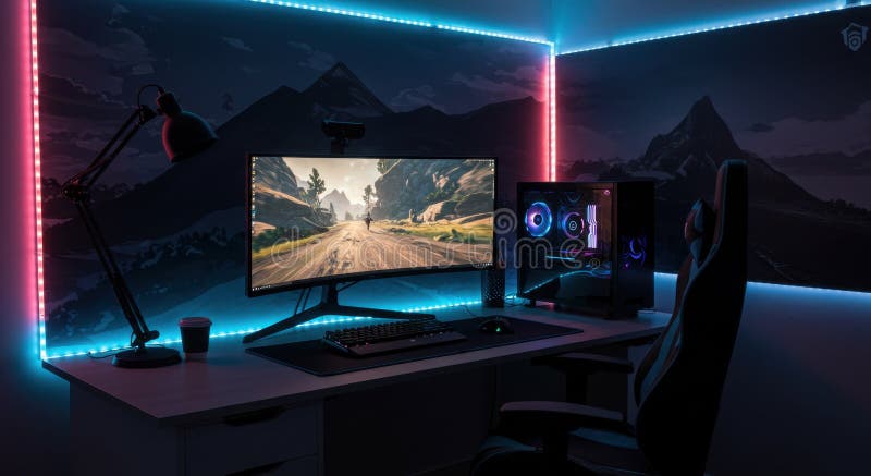 Modern Gaming Setup with RGB Lighting and Mountain Wallpaper Stock ...