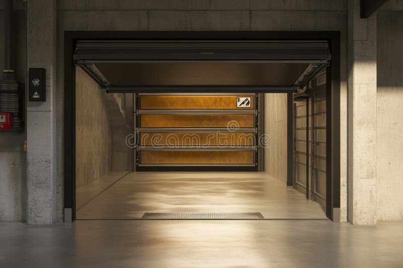 Modern Garage Interior with Automatic Doors and Polished Concrete Floor ...
