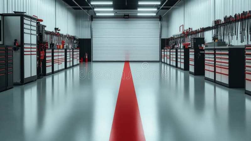 Modern Garage Interior with Organized Tool Cabinets. Red Stripe Marks ...