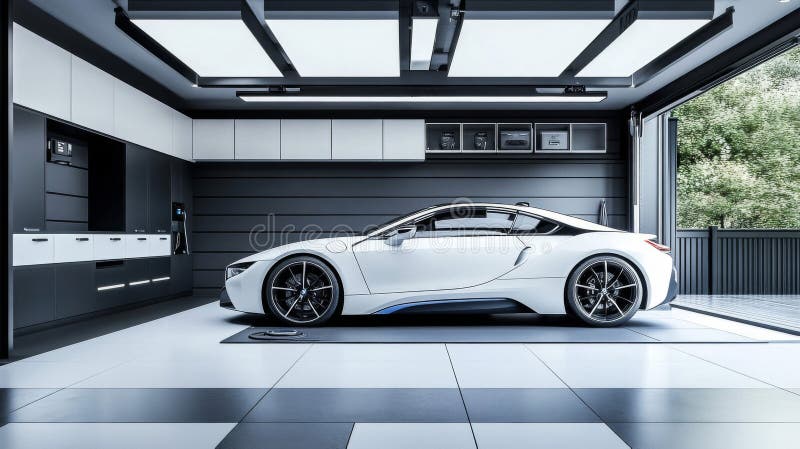 Modern Garage Interior with Sleek White Sports Car Stock Illustration ...