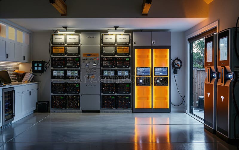 Modern Garage Interior with Tesla Powerwall Battery Storage System ...
