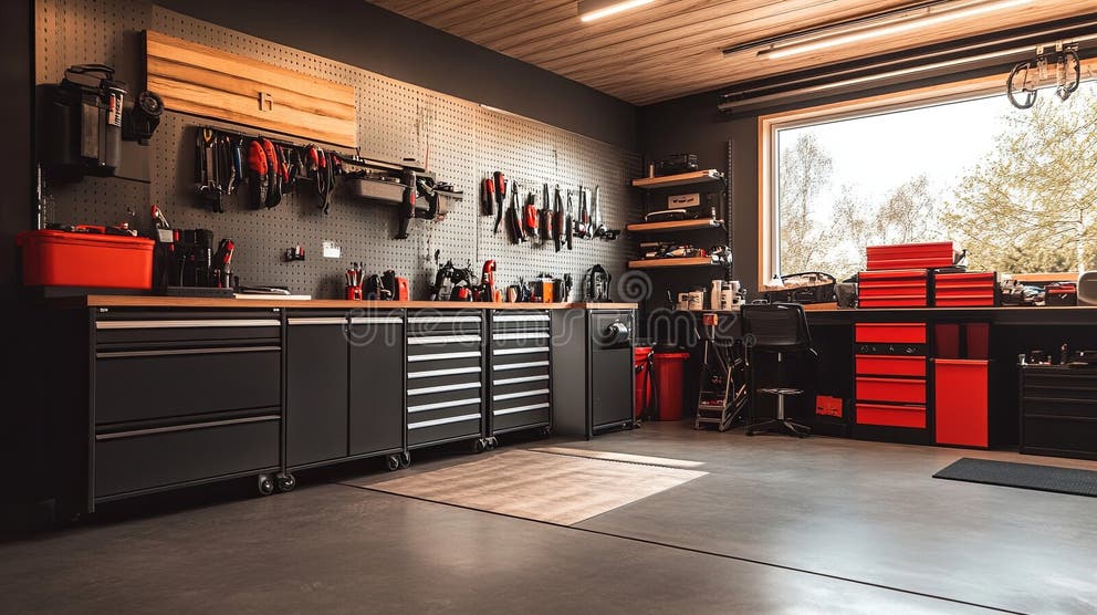 A Modern Garage Setup Featuring Neatly Arranged Car Maintenance Tools ...