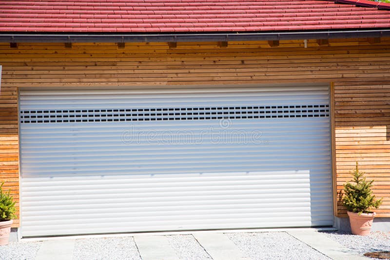 Modern Garage, White, Wooden Cladding Stock Image - Image of closed ...