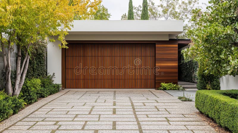 Modern Garage with Wooden Door, Surrounded by Greenery and a Stone ...