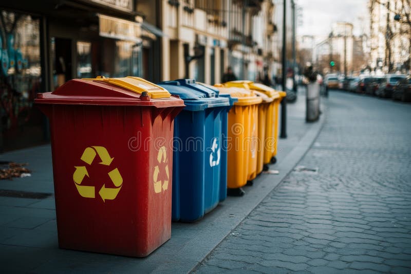 Modern Garbage Containers with Recycle Symbol on the City Street Stock ...