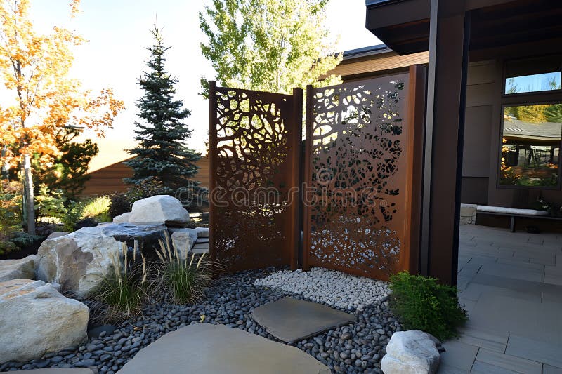 Modern Garden Design with Rusted Metal Screen and Stone Path Stock ...