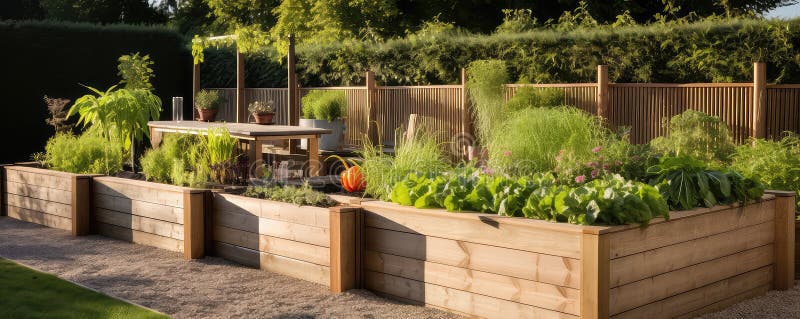 Modern Garden Features Wooden Raised Beds Stock Photo - Image of ...