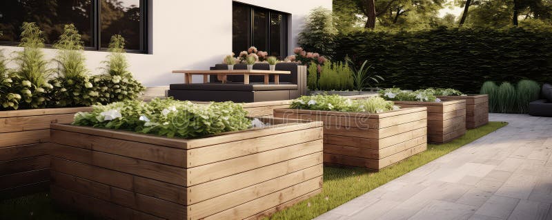 Modern Garden Features Wooden Raised Beds Stock Image - Image of ...
