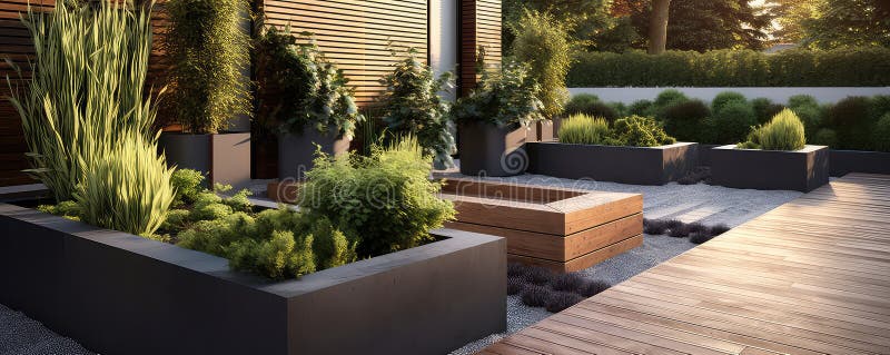 Modern Garden Features Wooden Raised Beds Stock Image - Image of ...