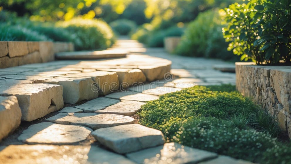 Modern Garden Landscape with Stone Pathway in Sunshine. Stock Image ...