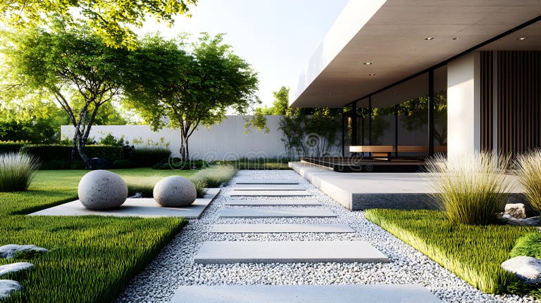 Modern Garden Pathway Leading To a Sleek Architectural Structure with ...