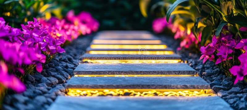 Modern Garden Pathway with Lighted Stone Steps and Vibrant Purple ...