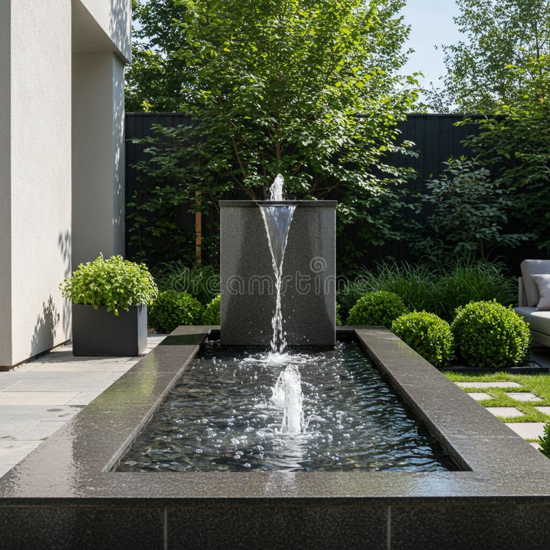 Modern Garden Scene Featuring a Sleek, Rectangular Water Fountain with ...
