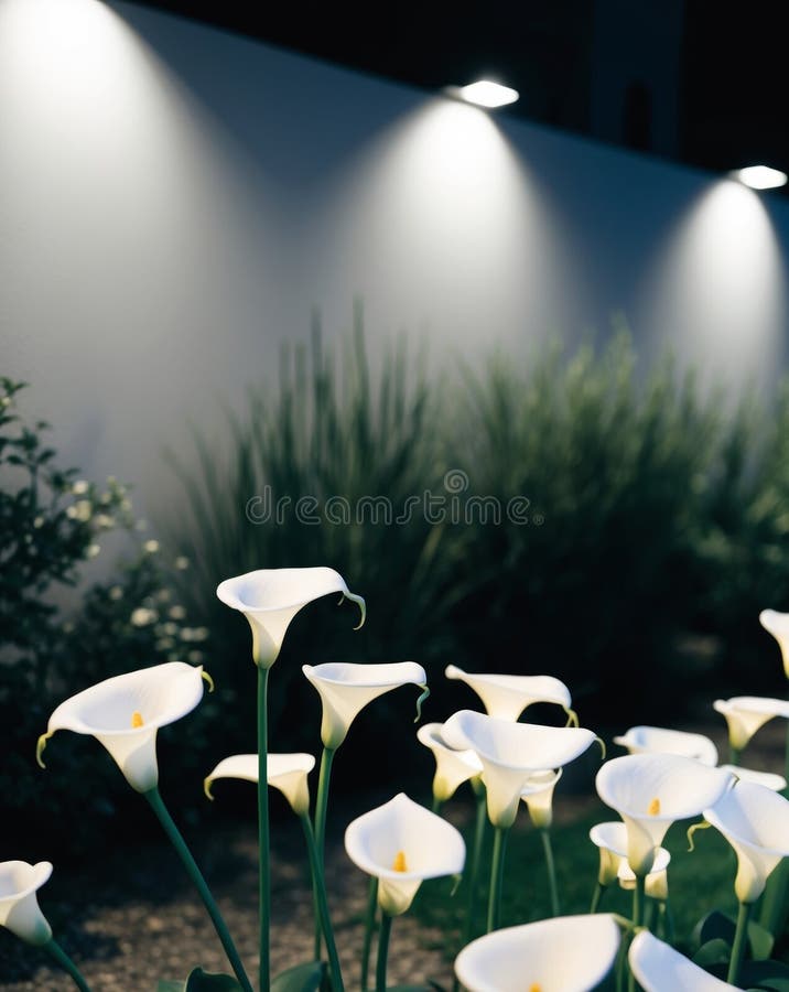 Modern Garden with White Flowers and LED Lighting at Night. Stock Photo ...