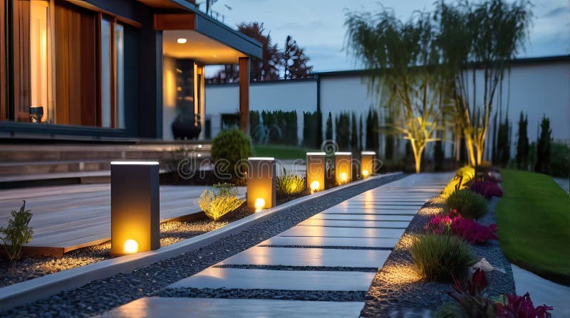 Illuminated Pathway Design for Residential Home Stock Photo - Image of ...