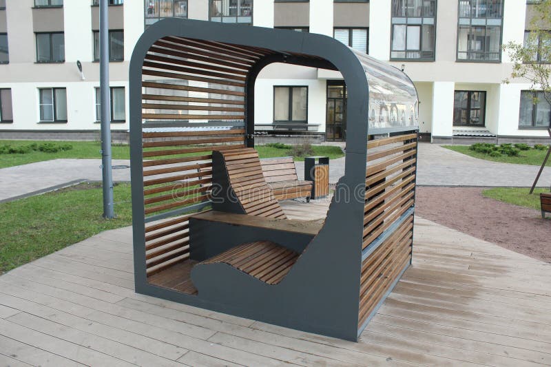 Modern Gazebo Bench with Table in the Yard Stock Image - Image of decor ...