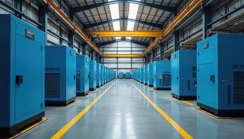 Modern Generators Line Large Warehouse. Industrial Tech Equipment in ...