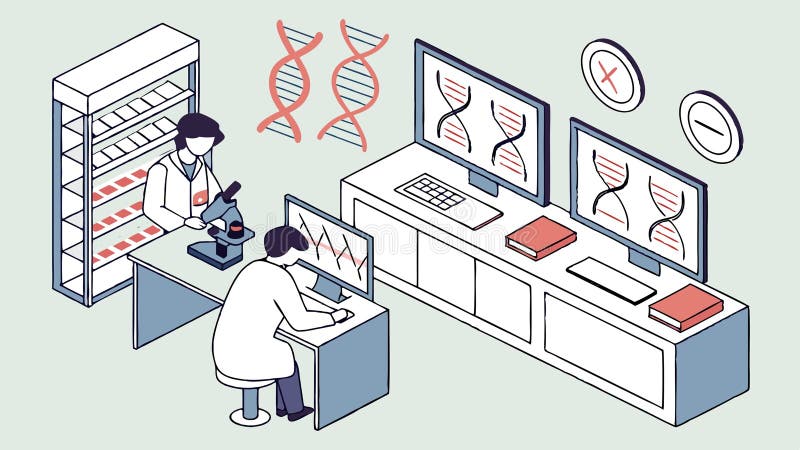 Modern Genetic Research Lab with DNA Models and Data Analysis, Vector ...