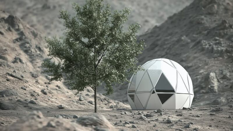 A Modern, Geodesic Dome Structure with White Triangular Panels Stands ...