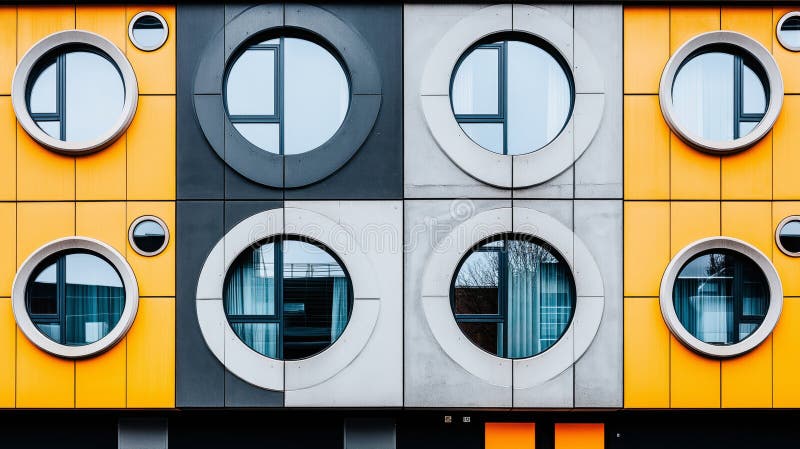 Modern Geometric Architecture with Circular Windows and Vibrant Yellow ...