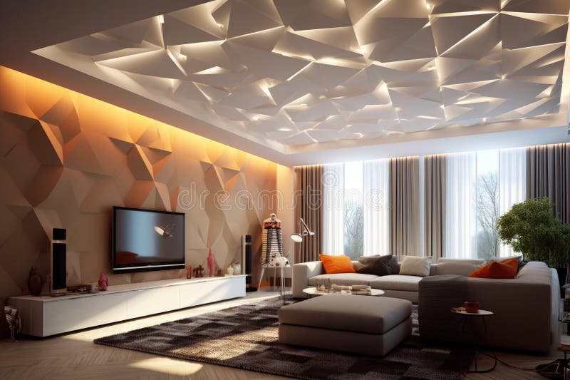 Modern Geometric Ceiling Design with Led Lights Stock Illustration ...