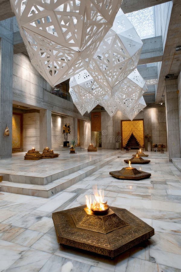Modern Geometric Ceiling in Marble Hall with Decorative Lamps and ...