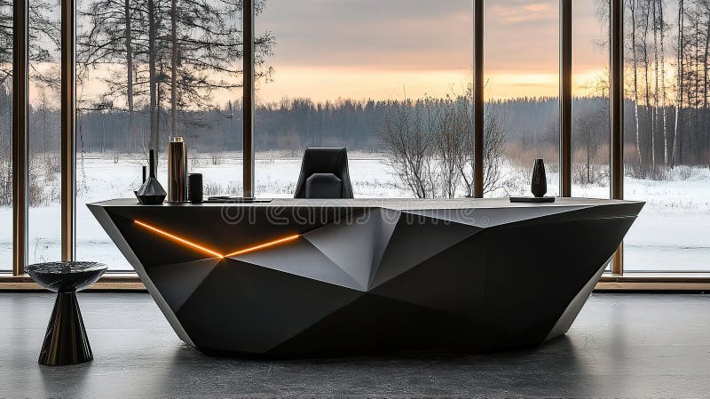 Modern Geometric Desk, Sunset View, Office, Winter Landscape, Interior ...