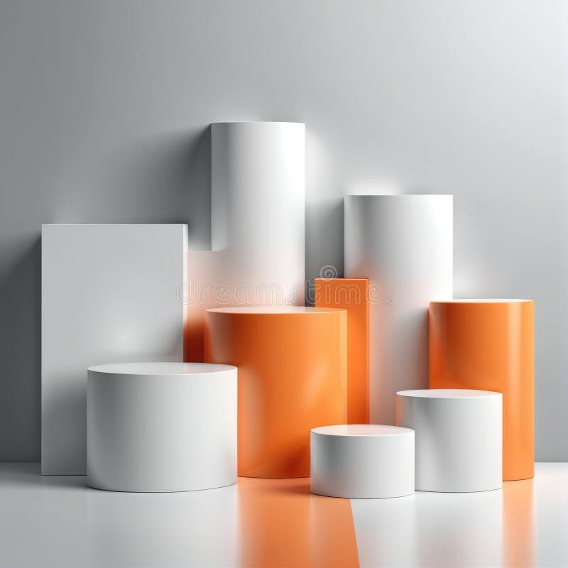 Modern Geometric Display with White and Orange Cylindrical Forms ...