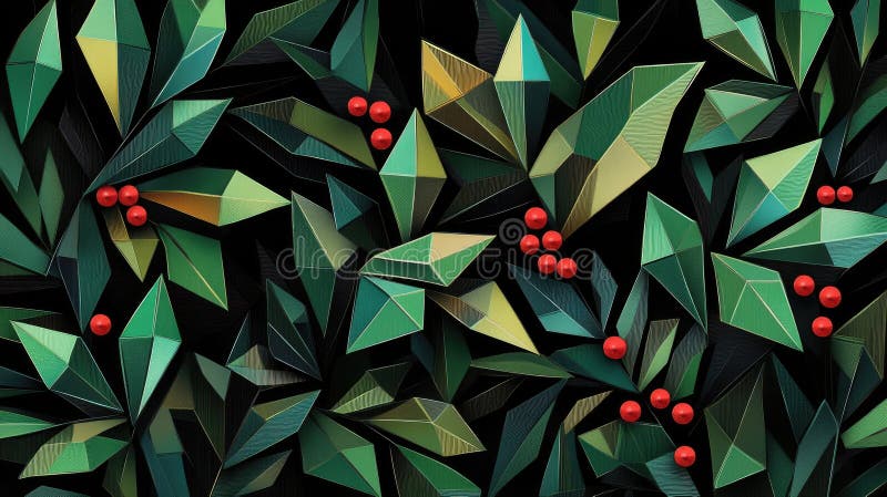 Modern Geometric Holly Leaves and Berries Cover Header Design on Dark ...