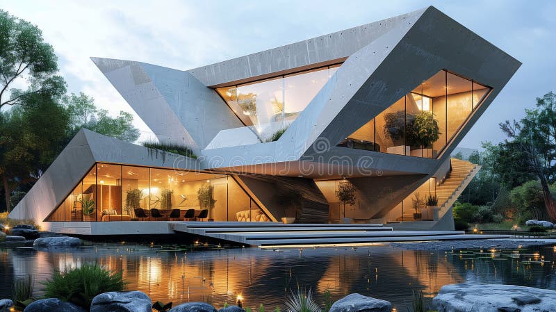 Modern Geometric Home with Reflecting Pool at Dusk Stock Photo - Image ...