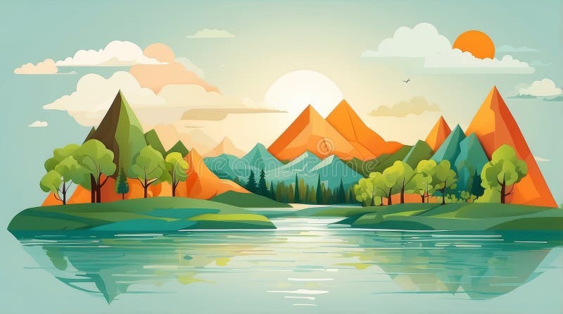 Geometric Ecosystem Vector with Trees, Mountains, Animals, and Water ...
