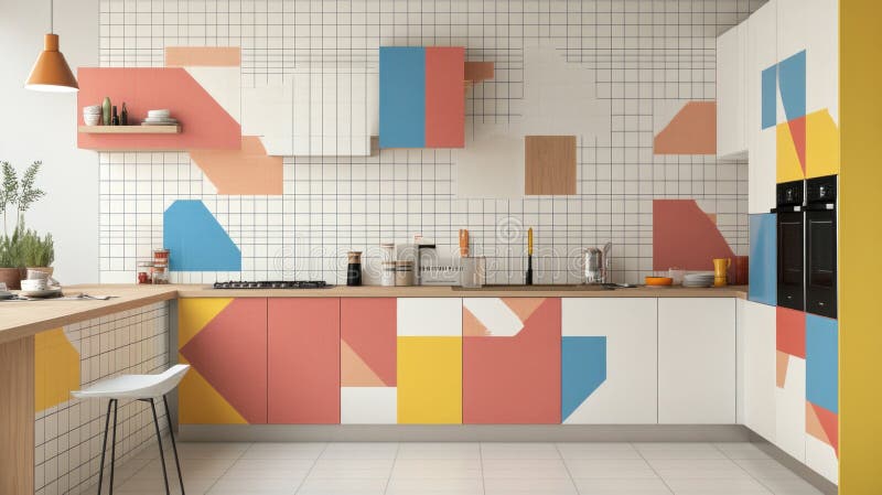 Modern Geometric Kitchen Design with Colorful Cabinets and Tiles Stock ...
