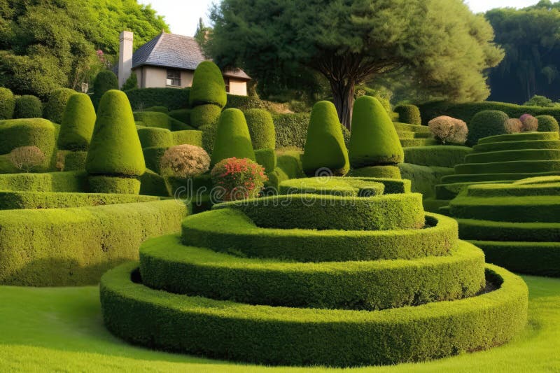 Modern, Geometric Lawn with Neatly Trimmed Hedges and Topiaries ...