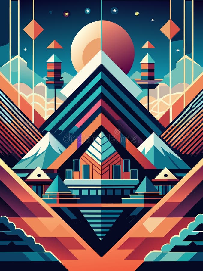 Modern Geometric Mountain Landscape Illustration with Vibrant Colors ...