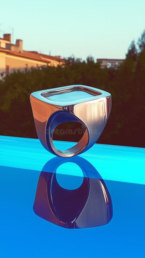 Modern Geometric Silver Ring with Reflection Against Urban Backdrop ...
