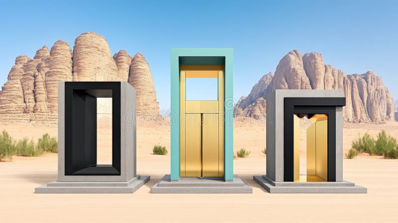 Modern Geometric Structures in Desert Landscape with Mountains and ...