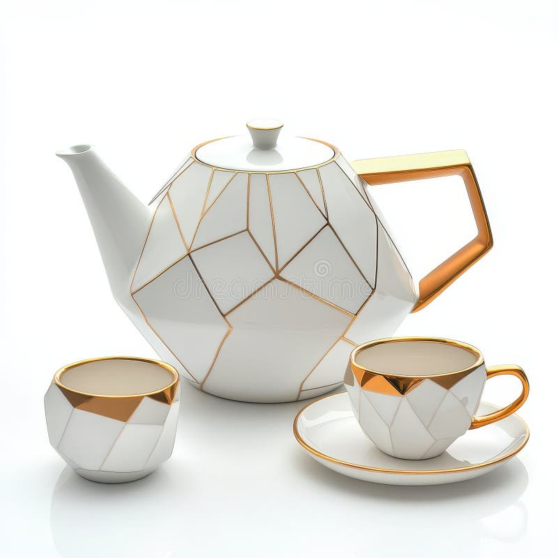 A Modern Geometric Tea Set Featuring a Teapot and Cups with Gold ...