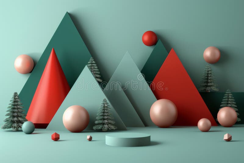 Modern Geometric Winter Scene with Red and Teal Abstract Shapes and ...