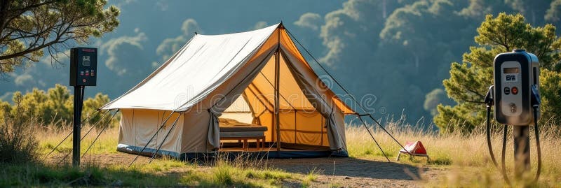 Modern Glamping Tent with Charging Station in Scenic Wilderness Setting ...