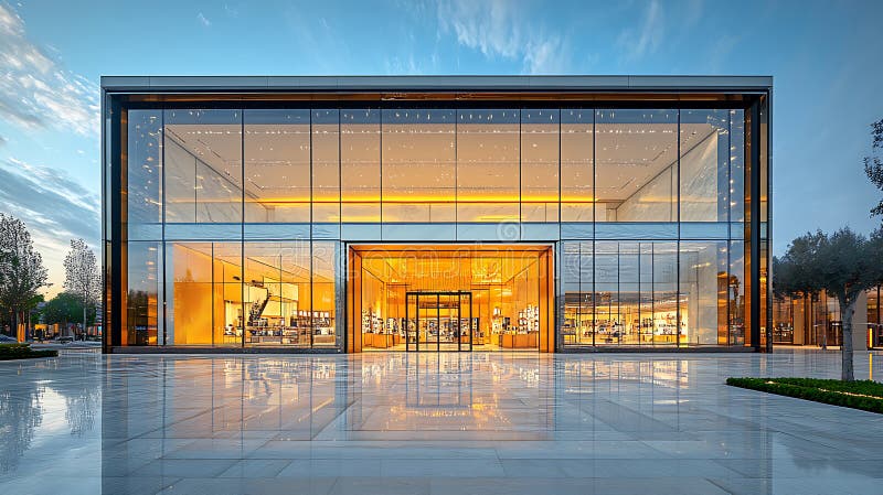 Modern Glass Architecture of a Luxury Storefront at Twilight with ...