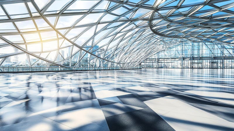Modern Glass Atrium, City View, Sunlight, Empty Floor, Exhibition Space ...