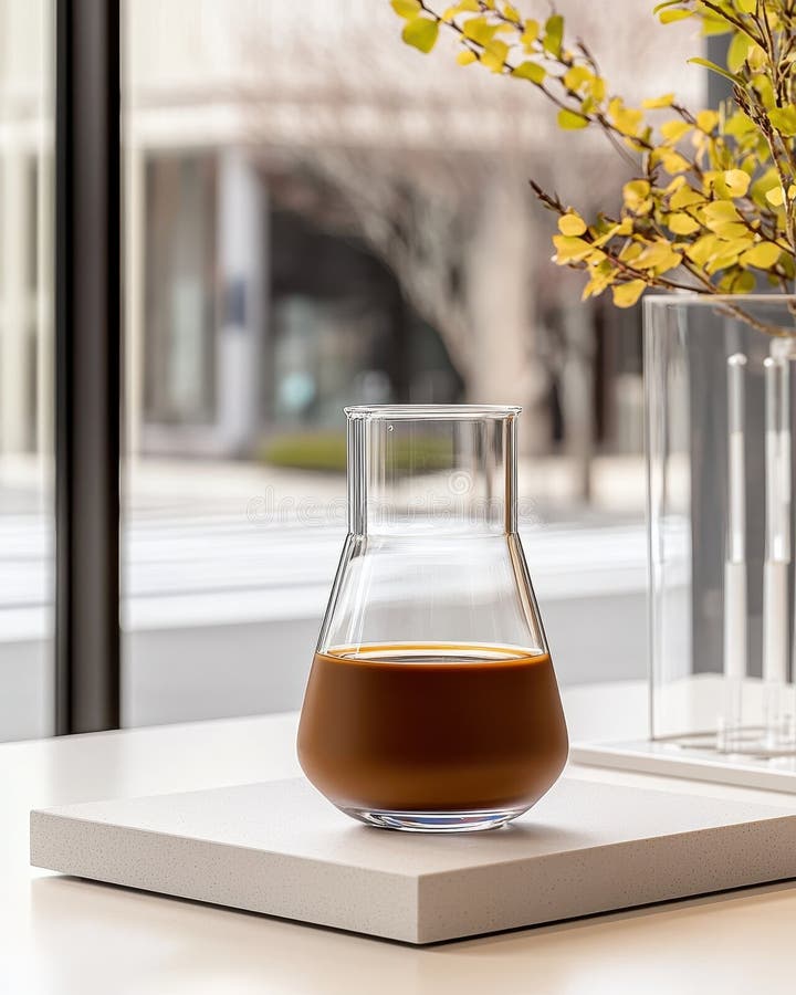 Modern Glass Beaker with Coffee Sits on Minimalist Table, Surrounded by ...