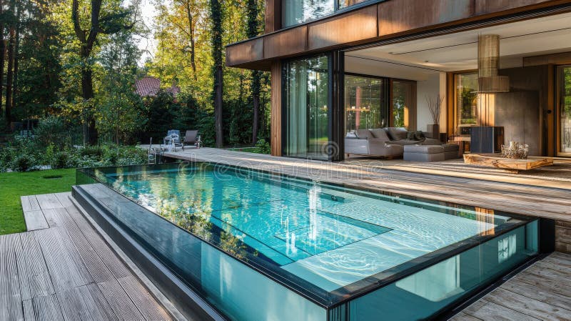 Modern Glass-Bottom Infinity Pool Design in Luxurious Backyard Stock ...