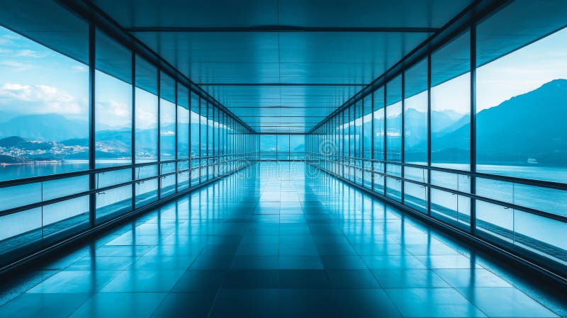 Modern Glass Bridge Over Water with City View Stock Illustration ...