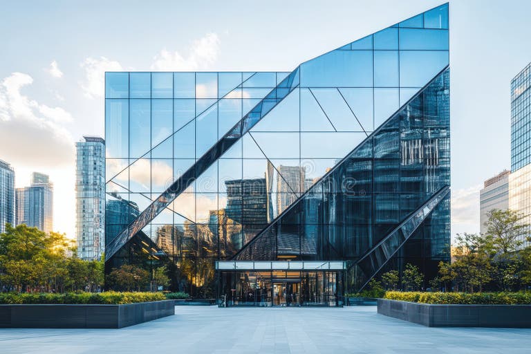 Modern Glass Building with Angular Design Reflecting Cityscape and ...